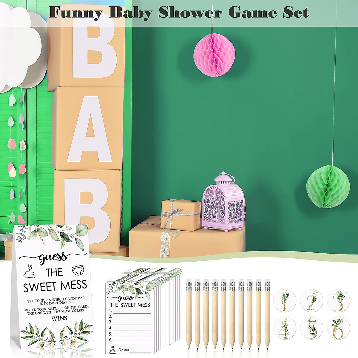 67 Pcs Guess The Sweet Mess Baby Shower Game Dirty Diaper Game Including Guess The Sweet Mess Sign 50 Small Cards 10 Pencils and 6 Number Stickers for Baby Shower Gender Reveal Party (Leaves)
