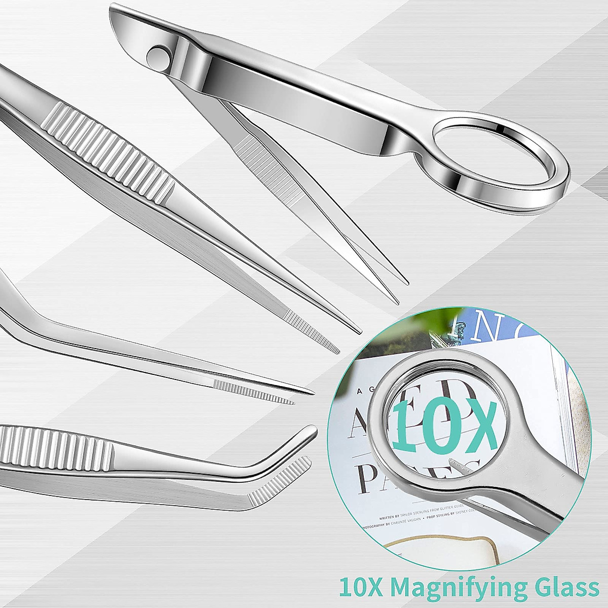 8 Pcs Tweezers Set Stainless Steel Tweezers Forceps with Magnifying Glass Straight Fine Point Forceps Curved Round Flat Tip Tweezers 9 Holes Straight Curved Tip Tweezers for Beauty Craft (Simple)