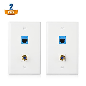 Cable Matters 2-Pack UL Listed 2-Port Ethernet Coax Wall Plate (Coax and Ethernet Wall Plate, Ethernet Coaxial Wall Plate) in White