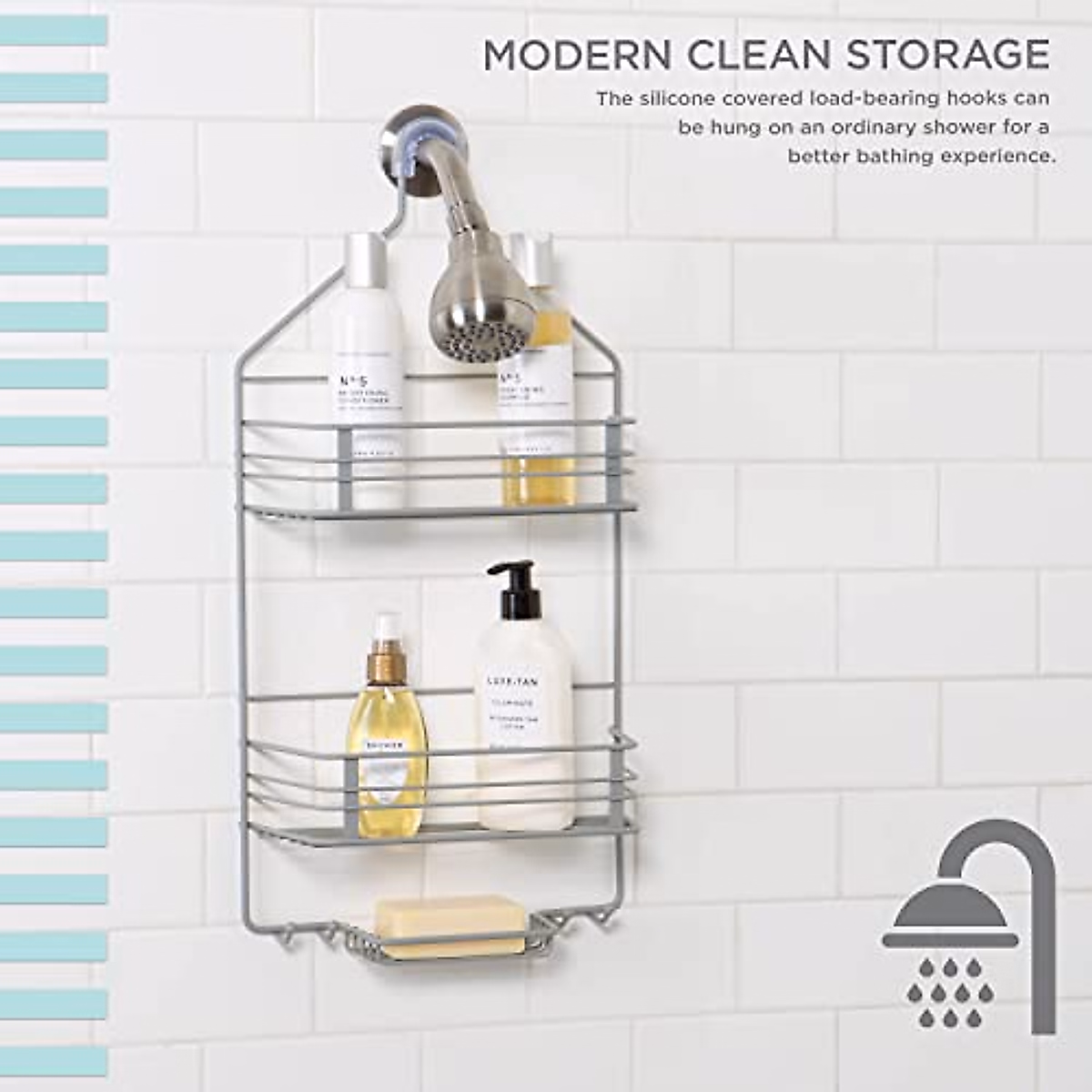 Bath Bliss 2 Tier Linear Hanging Shower Caddy | Bathroom Storage & Organization | Shower Head Hang | Holds Large Bottles | Soap Dish | Accessory Hooks | Grey