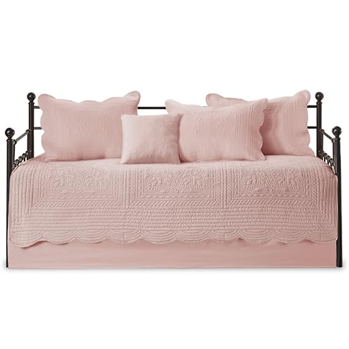 Madison Park Daybed Cover Set-Trendy Damask Quilting with Scalloped Edges All Season Luxury Bedding with Bedskirt, Matching Shams, Decorative Pillow, 75"x39", Tuscany Blush, 6 Piece