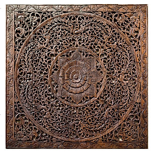 Hand Carved Flower Wood Carving Queen Size Bed Headboard Wall Mounted Sculpture 60 inches