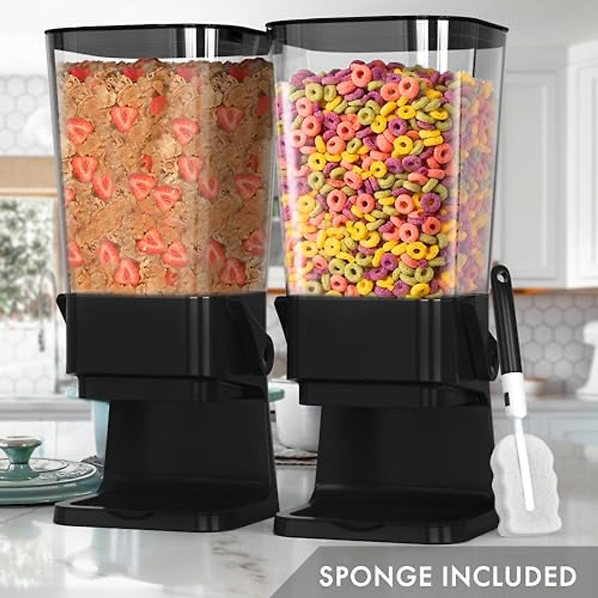 Retail Blade - Cereal & Dry Food Dispenser 2 Pack with Sponge – Elevate Freshness & Style! Perfect for Cereal, Pasta, Rice, Oatmeal, Snacks, and Dog Food. Sleek Design for Your Modern Kitchen. Black