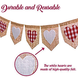 Adurself Heart Burlap Banner Valentine Garland Wedding Engagement Party Vintage Rustic Burlap Buffalo Plaid Red White Check Lace Banner for Valentine's Day Birthday Bridal Shower Anniversary