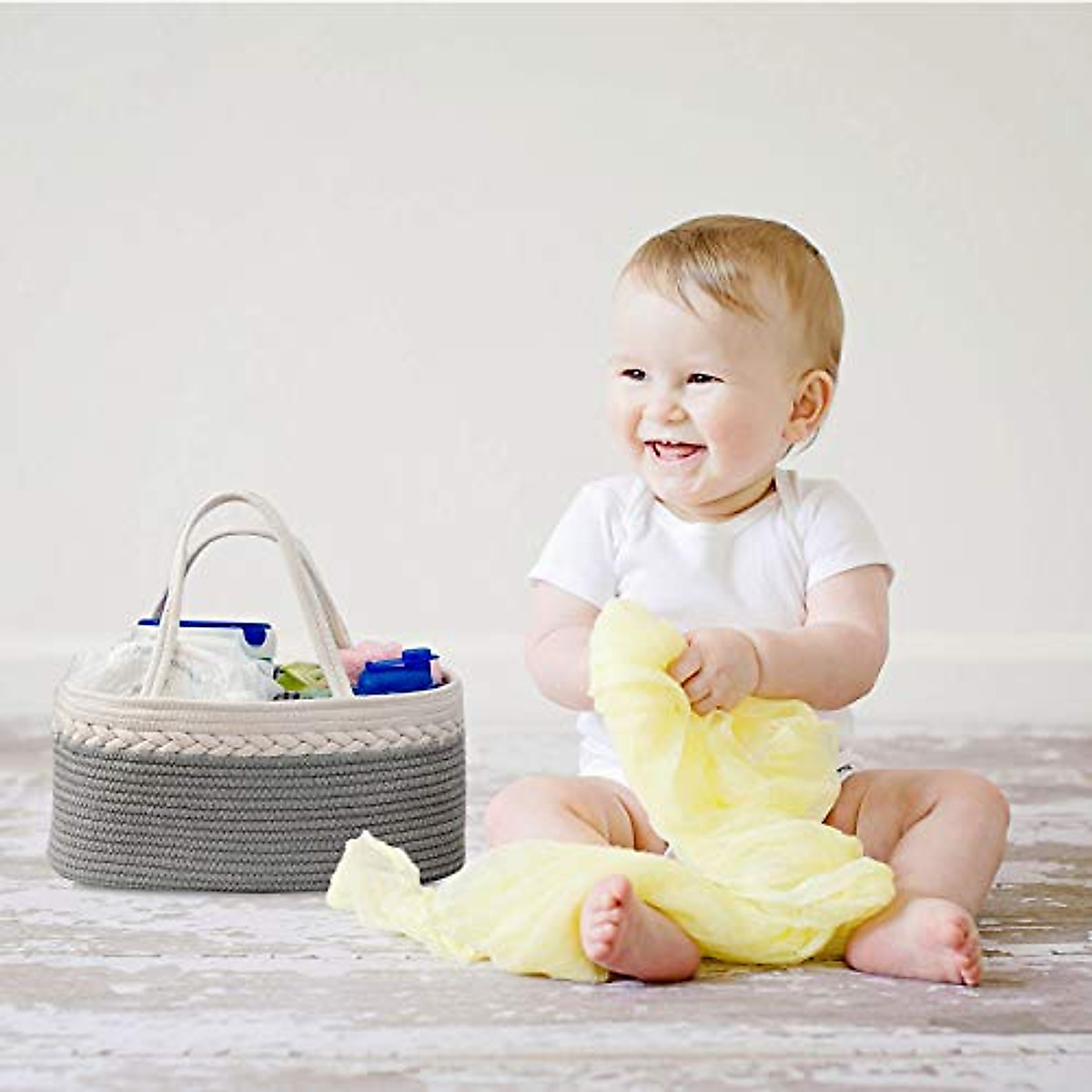 Hlryudo Baby Diaper Caddy Organizer, Large Capacity Nursery Storage Basket with Adjustable Divider, Cotton Rope Woven Diaper Basket, Baby Shower Gifts Newborn Essentials