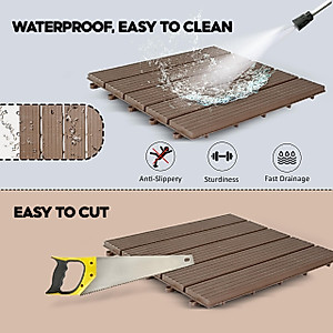 CLOVERHOLM Pack of 9 Composite Deck Tiles, Interlocking Patio Tiles, Decking Tiles Outdoor Waterproof All Weather, Outdoor Shower, Balcony Floor, Porch Flooring, Poolside Walkway (12 Inch, Brown)