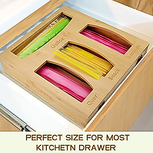 Ziplock Bag Storage Organizer, Bamboo Baggie Organizer for Drawer, Kitchen Food Storage Bag Holder Dispenser, Plastic Sandwich Bag Container Wall Mount Wrap Dispenser for Gallon, Quart, Snack, Candy