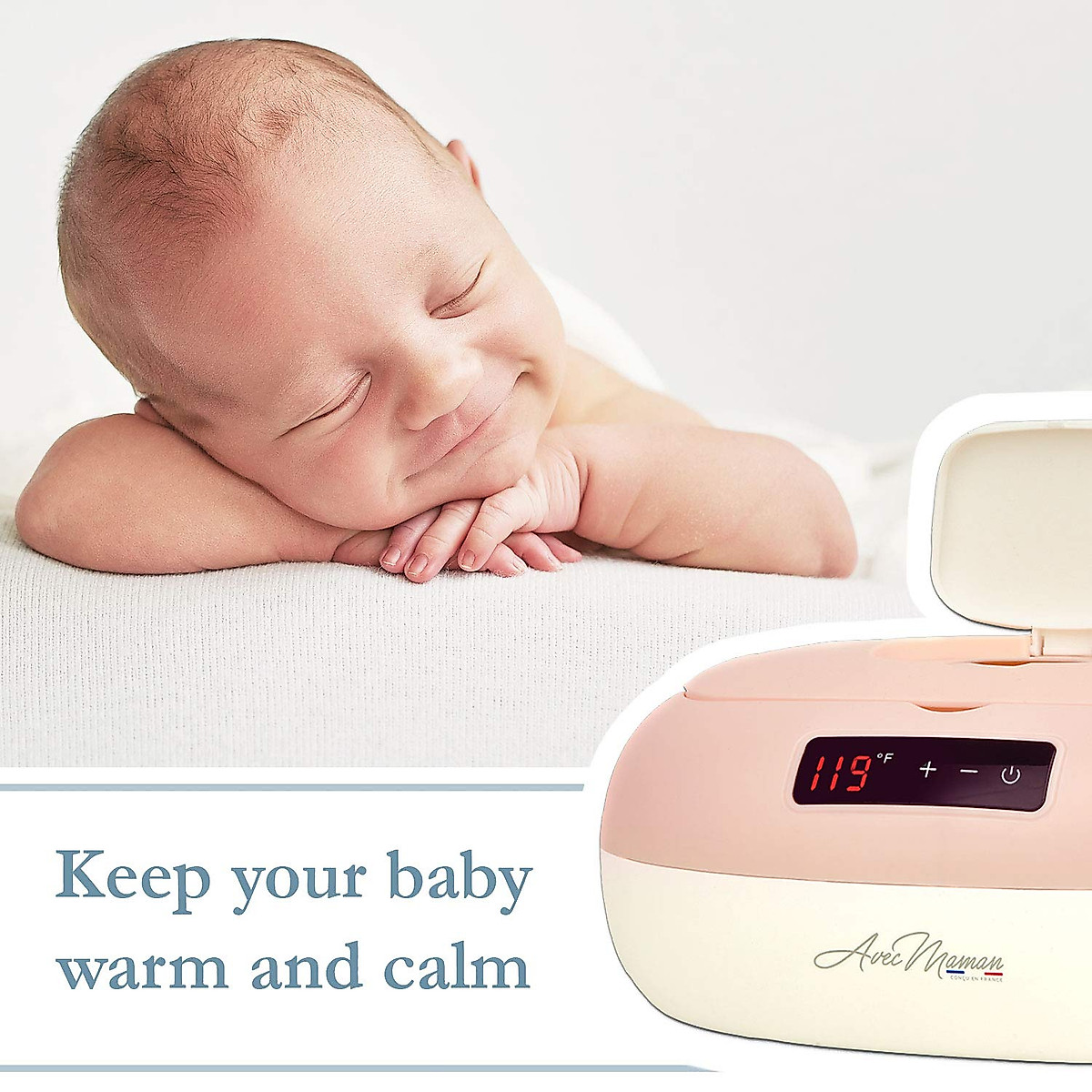 Avec Maman La Caresse Baby Wipe Warmer - Baby Essentials for Girls - Wet Wipe Dispenser - Adjustable Heat Settings Digital Display - Pink - Calentador de Wipes para Bebes - Ideal for Baby Shower