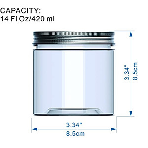 HoleviFO 14oz (420ml 12 Pack) Empty Clear Wide Mouth Plastic Jars with Silver Screw Lids and Labels - Round PET Containers for Food Storage and Dry Goods,Craft and More - BPA Free