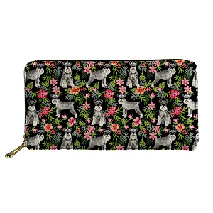 Coloranimal Large Capacity Long Leather Wallet Gift Travel Business Shopping Credit Cards Coind Changes Organizer Schnauzer Dog with Hawaiian Palm Leaves Design(Black)