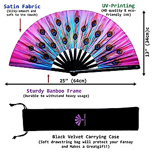 Fansay Fans - Large Bamboo Rave Festival Hand Fan for Women/Men - Big Folding Fan W/Velvet Bag - Festival Clothing, Rave Accessories, Clack Fan, LGBT Pride, Decoration, Gift (Peacock Candy)