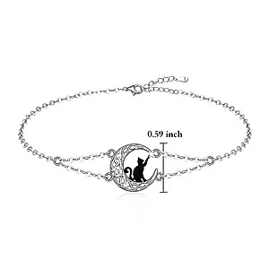 Black Cat Bracelet Sterling Silver Charm Celtic Moon Cat Friendship Matching Bracelets for Women Cute Animal Fun Kitten Halloween Cats Lover Gifts