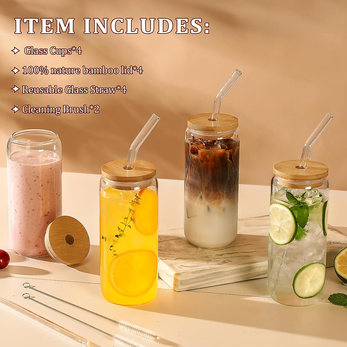 20 OZ Glass Cups with Bamboo Lids and Glass Straw - 4pcs Set Beer Can Shaped Drinking Glasses, Iced Coffee Glasses, Cute Tumbler Cup for Smoothie, Boba Tea, Whiskey, Water - 2 Cleaning Brushes