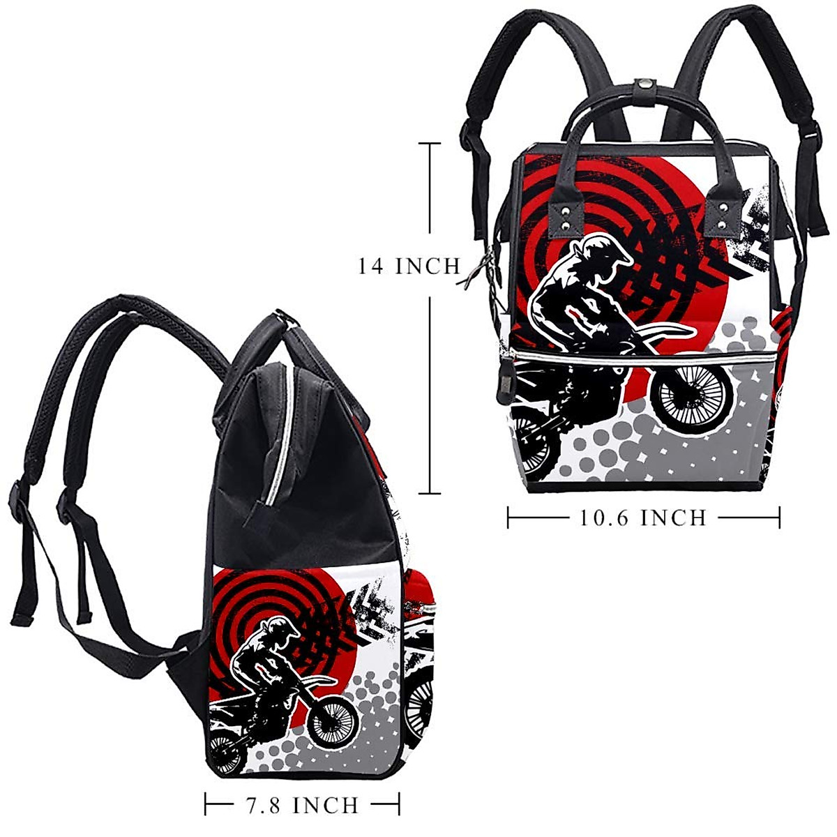 Motocross Rider Dirt Bike with Tire Marks in Monochrome Diaper Tote Bags Mummy Backpack Nappy Bag Nursing Bag for Baby Care