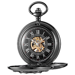 Whodoit Men's Mechanical Pocket Watch Black Rudder Pattern Double Open Hollow Roman Numerals Pocket Watch