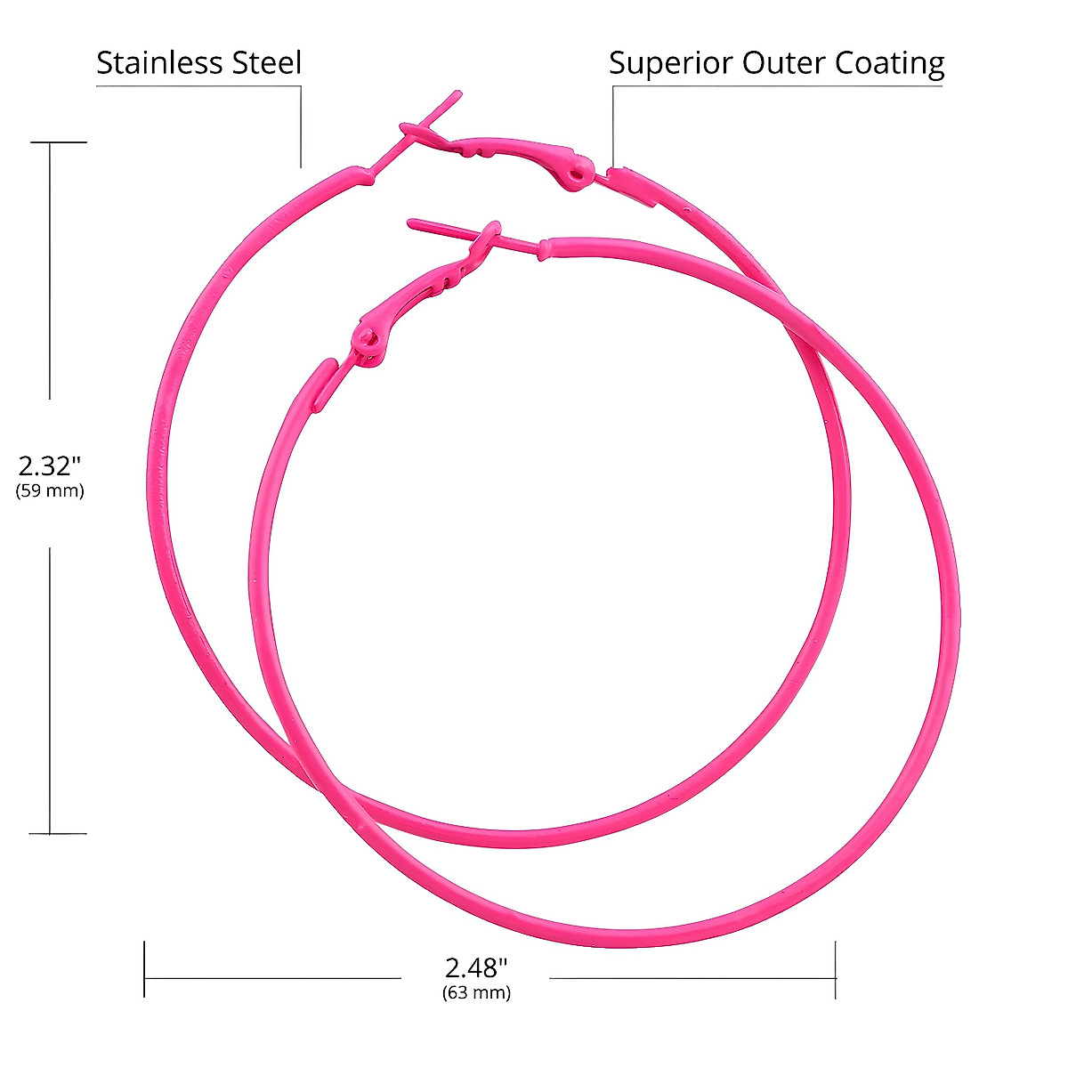 IDB Classic Stainless Steel Big Hoop Earrings - 2.32" x 2.48" x 0.07" (59x63x2mm) - Multiple Colors to choose from (Hot Pink)