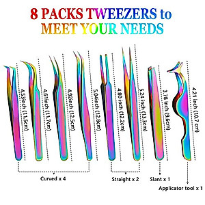 8 Pieces Eyelash Extension Tweezers Set Straight and Curved Tip False Lash Tweezers Eyelash Applicator Tool Stainless Steel Precision Tweezers for Eyelash Extension with Velvet Bag (Rainbow Color)