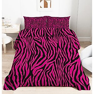 TBUEKLI Zebra Print Comforter Set Girls Women Pink Black Zebra Stripes Bedding Sets Full Animal Skin Decor Down Alternative Duvet Insert for Kids Teens Bedroom Dorm Room, Ultra Soft 3Pcs