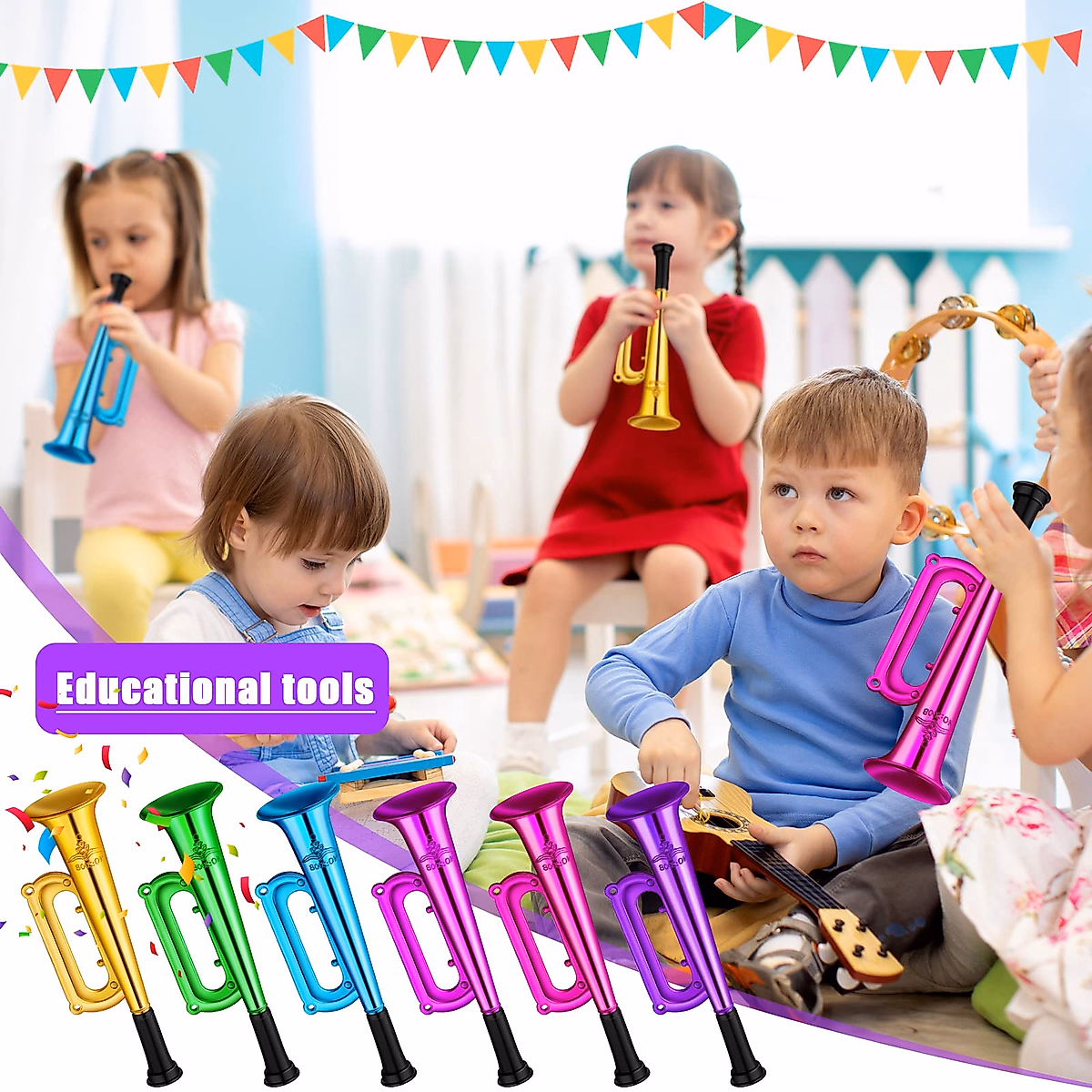 36 Pcs Plastic Trumpet Kids Noise Toys Play Metallic Trumpet Mini Shiny Blow Horn Trumpet Noise Makers Toy Plastic Colors Musical Instruments for New Year Birthday Graduation Party Favors, 6 Inch