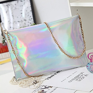 Monique Women Colorful Holographic Evening Clutch Envelope Handbag Small Chain Cross-body Bag Shoulder Bag 167 Silver