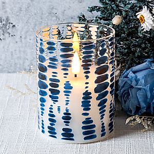 Eywamage Flameless Candles in Blue Glass Jar, Flickering LED Pillar Candles with Remote Set of 3