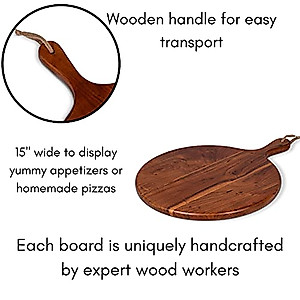BIRDROCK HOME 15” Round Acacia Wooden Cheese Serving Board with Handle - Medium - Party Charcuterie Board for Appetizers Wood Food Kitchen Platter - Pizza Fruit Display - Espresso