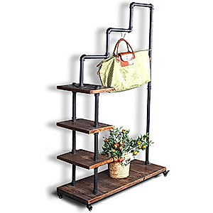 Diwhy Industrial Pipe Clothing Rack 4 Layers Pine Wood Shelving Shoes Rack With Wheels Cloth Hanger Household Shoe Rack Pipe Shelf Garment Racks