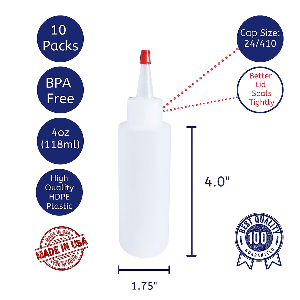 kelkaa 4oz HDPE Durable Plastic Squeeze Bottles with Yorker Red Cap Natural Clear Bottles for Food, Crafts, Any DIY Liquid Products, Multi Purpose Refillable Bottles (Pack of 10)