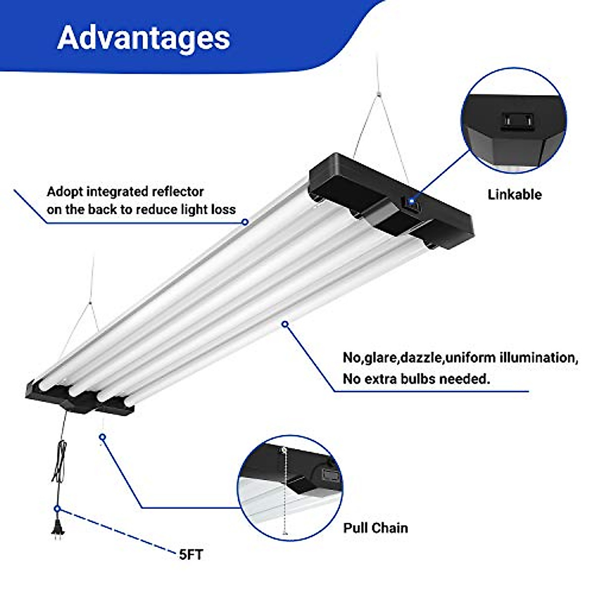 FAITHSAIL Linkable 4FT LED Low Bay Shop Light, 48 Inch 5000K Daylight Utility Shop Light for Workshop, 4 Lamp 80W 9000lm, 250W Fluorescent Equivalent, Linear Hanging Lights Fixture, 1 Pack