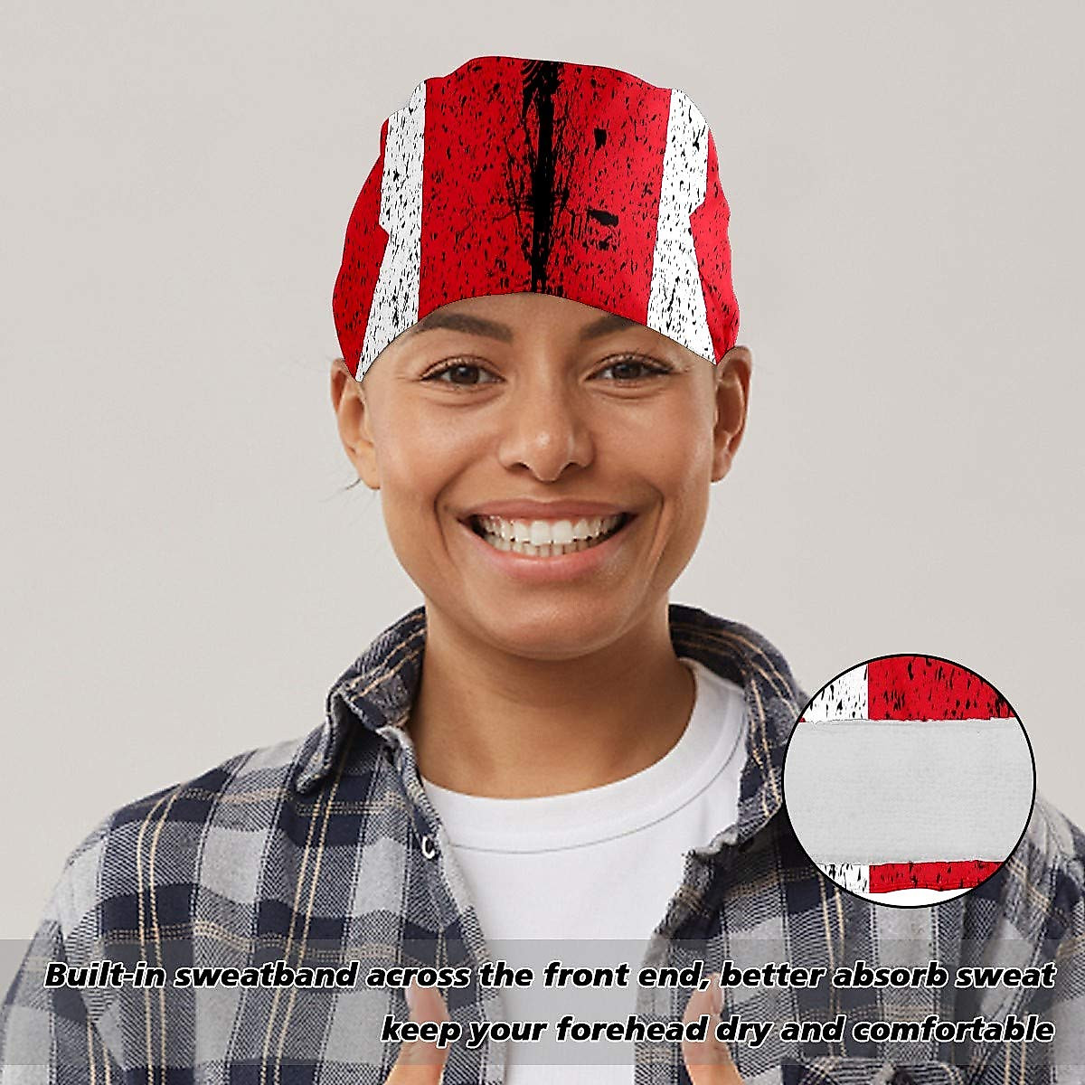 Women's Working Cap with Button and Sweatband, Head Covers Adjustable Tie Back Hat Headwraps Reusable Caps 3D Printed for Men Canada Grunge Flag Maple Leaf Red White Black