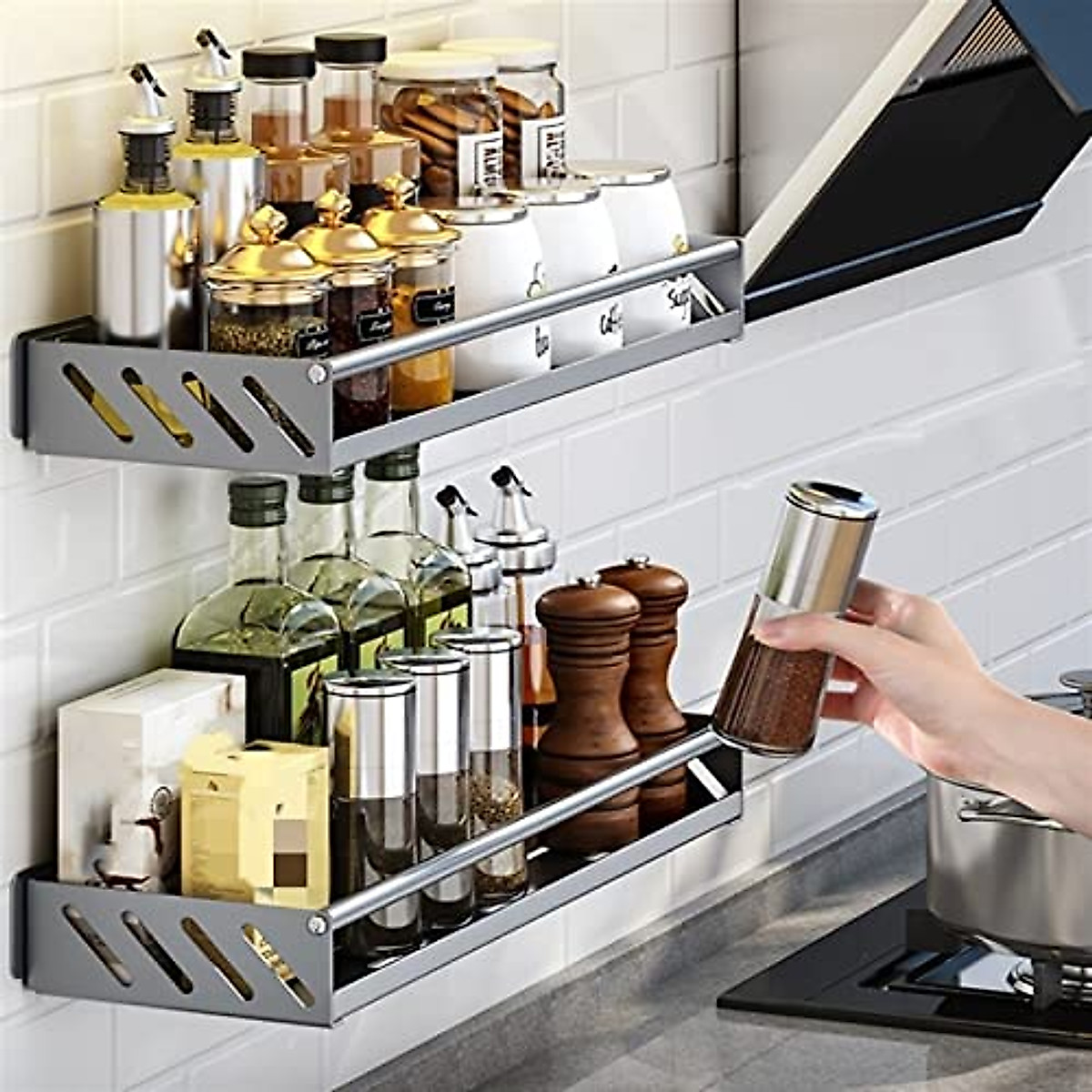 CHAOCHAO Spice Rack Stainless Steel Seasoning Jars Organizer Wall Mounted Detachable Hanging Storage Shelf for Spices Herbs Kitchen Bathroom (Size : 11.81'')