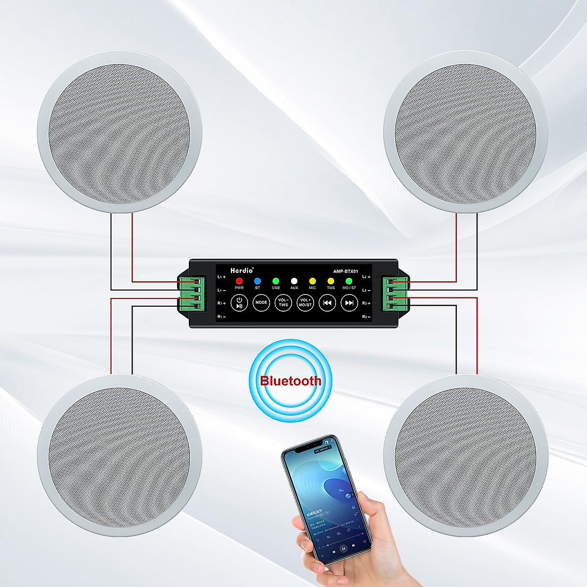 Herdio 5.25” Flush Mount Bluetooth Ceiling Speaker System Max Power 600 Watts Perfect for Humid Indoor Outdoor, Kitchen,Bedroom,Bathroom,Home Theater,Covered Porches(4 Pcs)