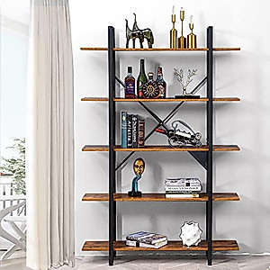 OTENNETO 5 Tier Book Shelf, Industrial Shelves Etagere Book Case with Extra Width & Rustic Wood Board, Large Vintage 5 Shelf Bookcase, Open Display Storage Furniture for Bedroom, Office, Living Room