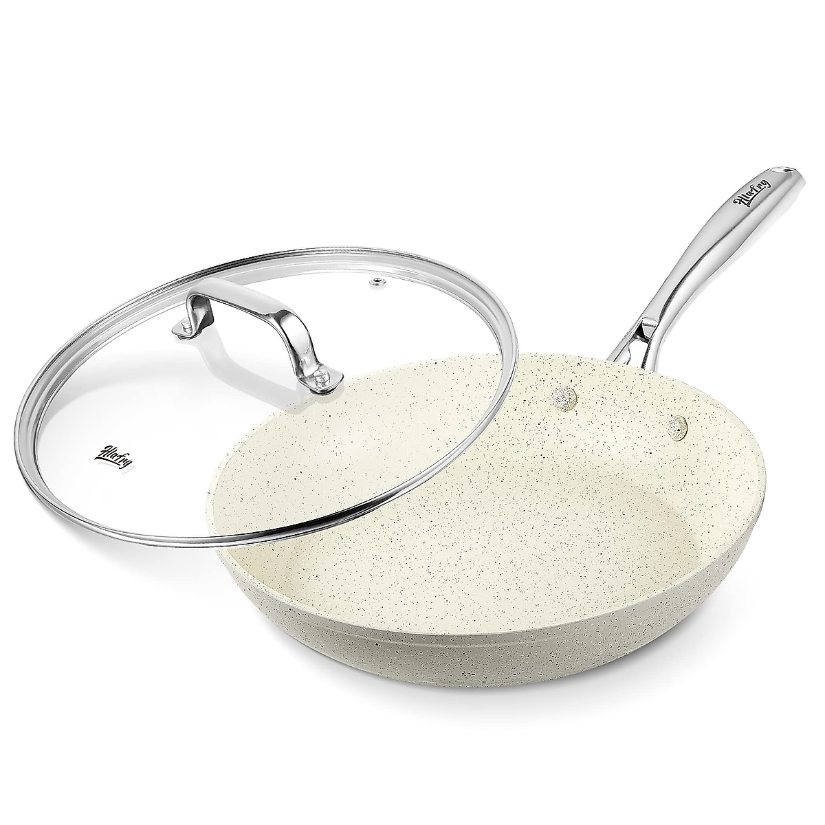 HLAFRG 12 Inch Nonstick Frying Pan with Lid, White Marble Skillet Stone-Derived Coating, APEO & PFOA Free, With Heat-Resistant Handle, Oven Safe and Induction Compatible