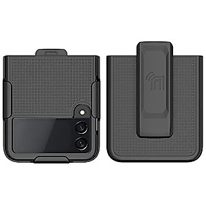 Case with Clip for Galaxy Z Flip 3 5G, Nakedcellphone [Grid Texture] Slim Hard Shell Cover and [Rotating/Ratchet] Belt Hip Holster Holder Combo for Samsung Z Flip3 Phone (SM-F711, 2021) - Black