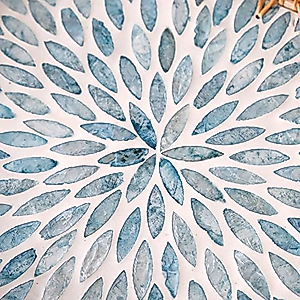 I-lan 14 Inch Rectangular Rattan Woven Tray Basket with Light Blue MOP Wooden Base and Handles, Boho Wicker Coffee Table Serving Tray Décor with 2 Inch Wall, Handmade Display Basket for Dining Room