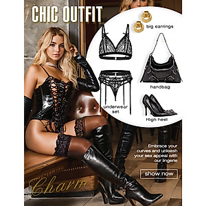 RSLOVE Women lingerie stockings Plus Size Top Lace Thigh High Stockings Sheer knee high stockings Antiskid Silicone Ultra Shimmery Tight, Black