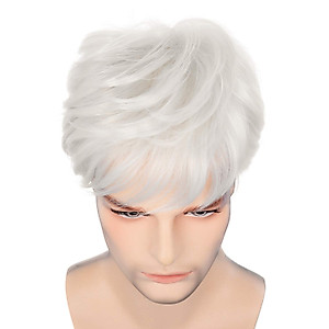 Mens White Wigs Short Layered Natural Cosplay Costume Halloween Synthetic Heat Resistant Replacement Wigs
