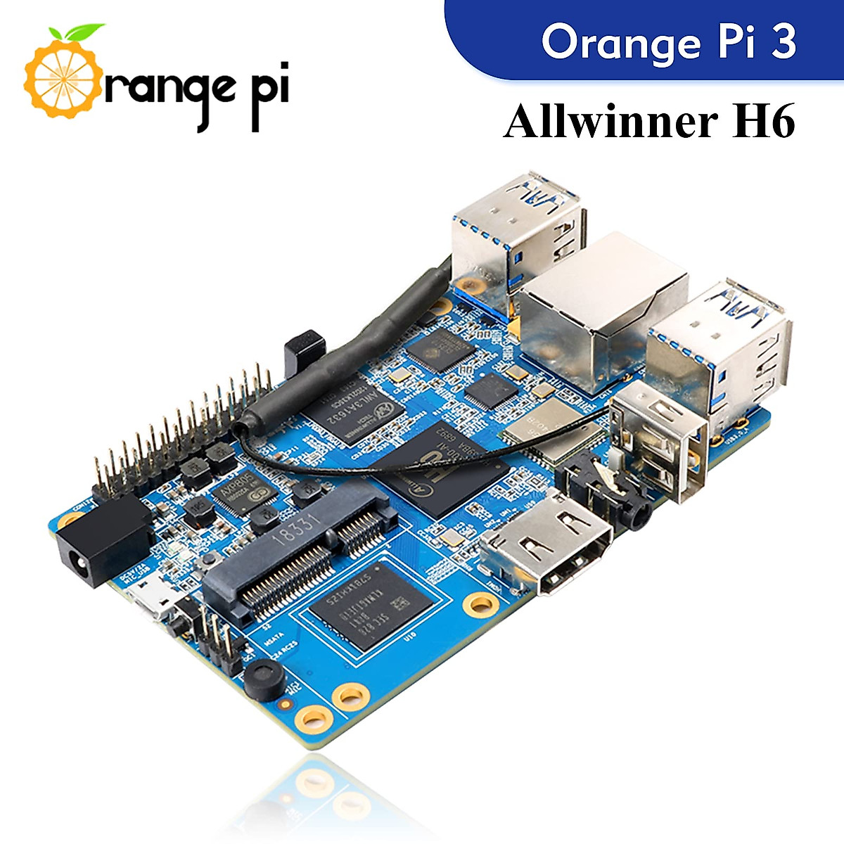 Orange Pi 3, 2G LPDDR3 AllWinner H6 Quad Core 64 Bit 1000M Ethernet Port Single Board Computer with 8G EMMC Flash, Support Android, Ubuntu, Debian (PI3)