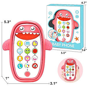 Baby Shark Cell Phone Toy Removable Teether Case, Light, Music & Adjustable Volume Kids Play & Learn Fake Phone Infant Toddler, Preschool Holiday Birthday Presnet for Girl Boy 0-6, 6-18 Months (Red)