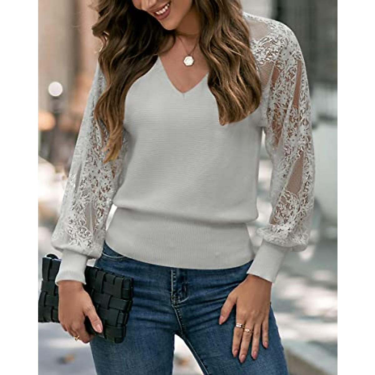 ZCSIA Women's Long Sleeve V Neck Lace Patchwork Solid Color Ribbed Knit Pullover Sweater Tops,SolidGrey,Small