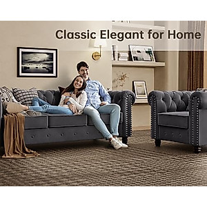 Morden Fort Classic Chesterfield Loveseat Set 60'', Tufted Loveseat Sofa Set with Solid Wood Legs Thick Cushion, Pet-Friendly 2-Seater Sofa Couch for Living Room Bedroom Apartment - Velvet Grey