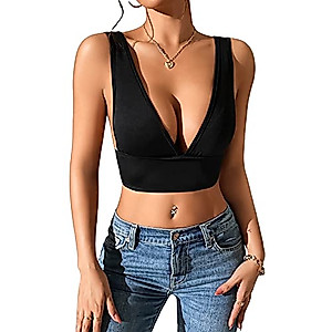 WDIRARA Women's Deep V Neck Sleeveless Crop Tank Top Sexy Backless Tops Black Petite M