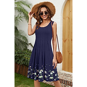 KILIG Womens Summer Dresses 2025 Casual Pleated Floral A-line Tank Sundress Beach Vacation Cruise Outfits(Navy,XL)