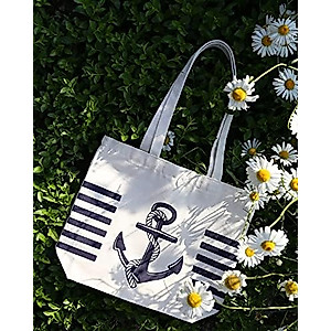 LANGCYGO Nautical Theme Anchor Cotton Canvas Tote Bag with an Inner Pocket, Top Zipper Closure Reusable Grocery Bags For Women,School Shopping,Beach Grocery (Anchor L)