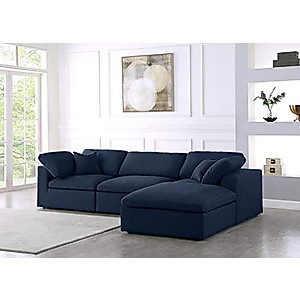 Meridian Furniture Serene Collection Modern | Contemporary Deluxe Comfort Modular Sectional, Soft Linen Textured Fabric, Down Cushions, 2 Corner + 1 Armless + 1 Ottoman, Navy