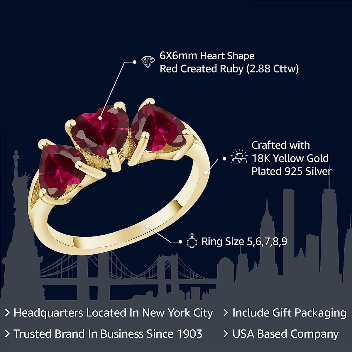 Gem Stone King 18K Yellow Gold Plated Silver Red Created Ruby 3 Stone Ring For Women (2.88 Cttw, Heart Shape 6MM, Available In Size 5, 6, 7, 8, 9)
