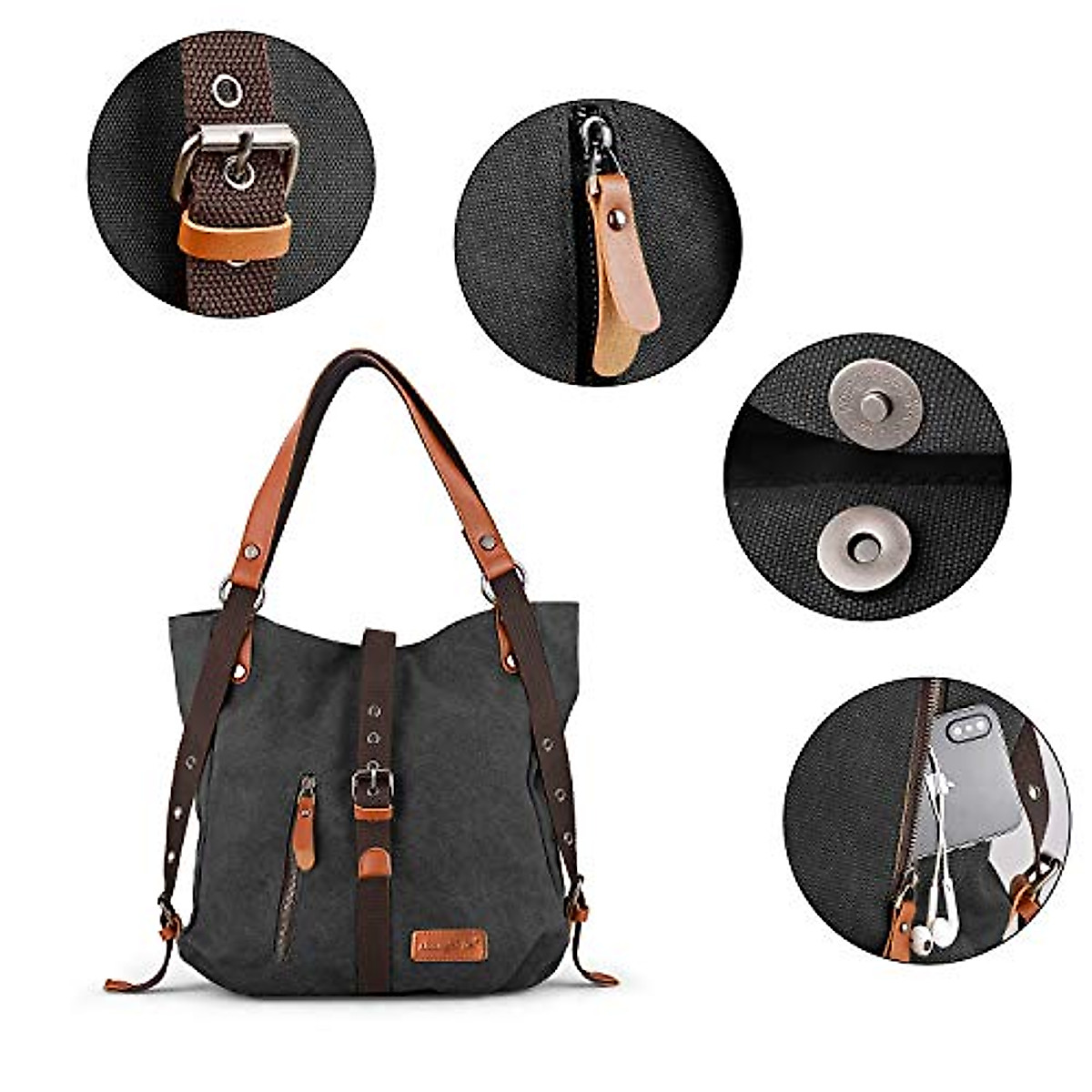 SHANGRI-LA Tote Purse Canvas shoulder Bag Handbag for Women Casual School Boho Hobo Bag Rucksack Convertible Backpack - Black