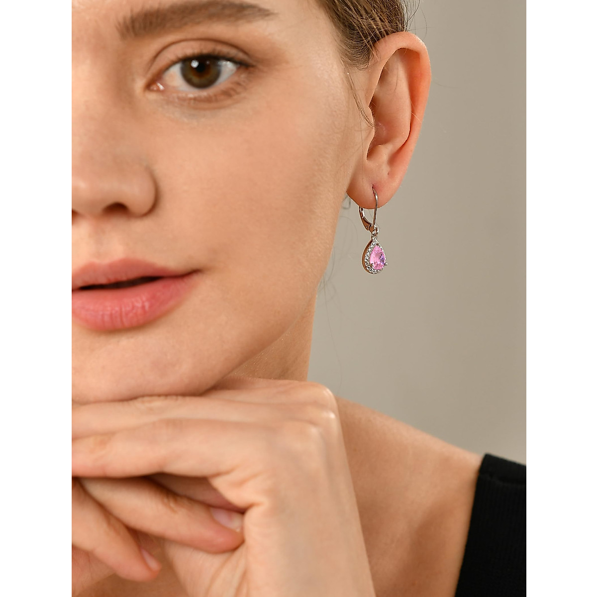YL Women's Dangle Drop Earrings Sterling Silver Solitaire Leverback Earrings Halo Teardrop Created Pink Tourmaline Jewelry Gifts