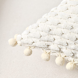 Fancy Homi Set of 2 Boho Cream Decorative Throw Pillow Covers 18x18 Inch with Pom-poms for Couch Bed Sofa, Modern Farmhouse Home Decor, Soft Plush Corduroy Cute Cushion Case 45x45 cm